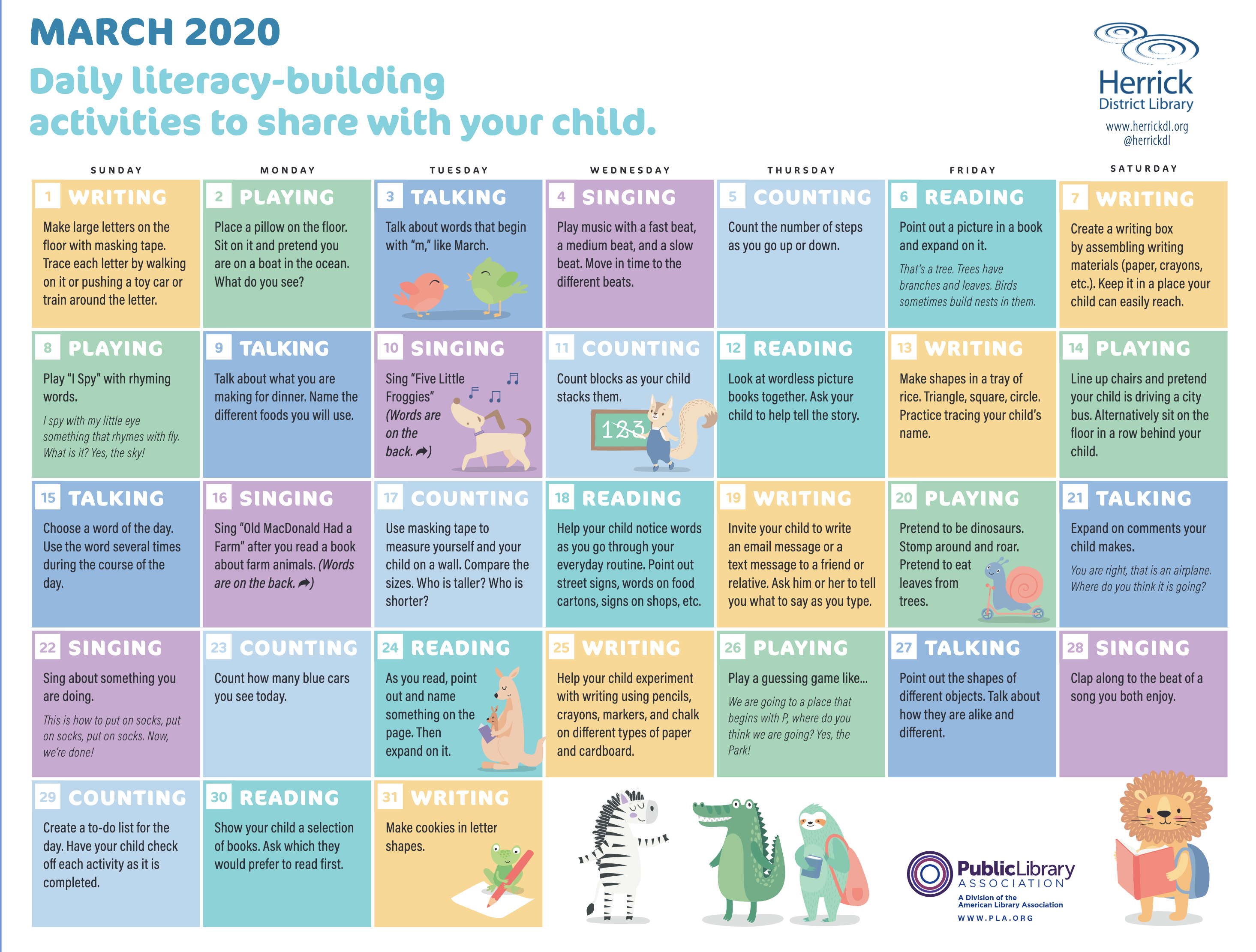 March 2020 Daily Activity Calendar & Caregiver Tips